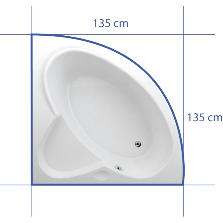 Badewanne für Einbau in Ecke in der Größe 135x135 cm